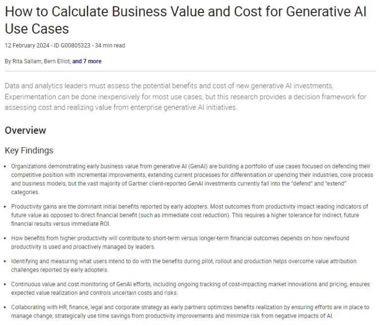 GartnerⓇ Research How to Calculate Business Value and Cost for Generative AI Use Cases ...